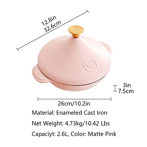 2.6L Moroccan Tagine, Enameled Cast Iron Cooking Pot, Tajine Pot with Cone-Shaped Closed Lid for Stew Casserole Slow Cooker Cookware (Matte Pink)