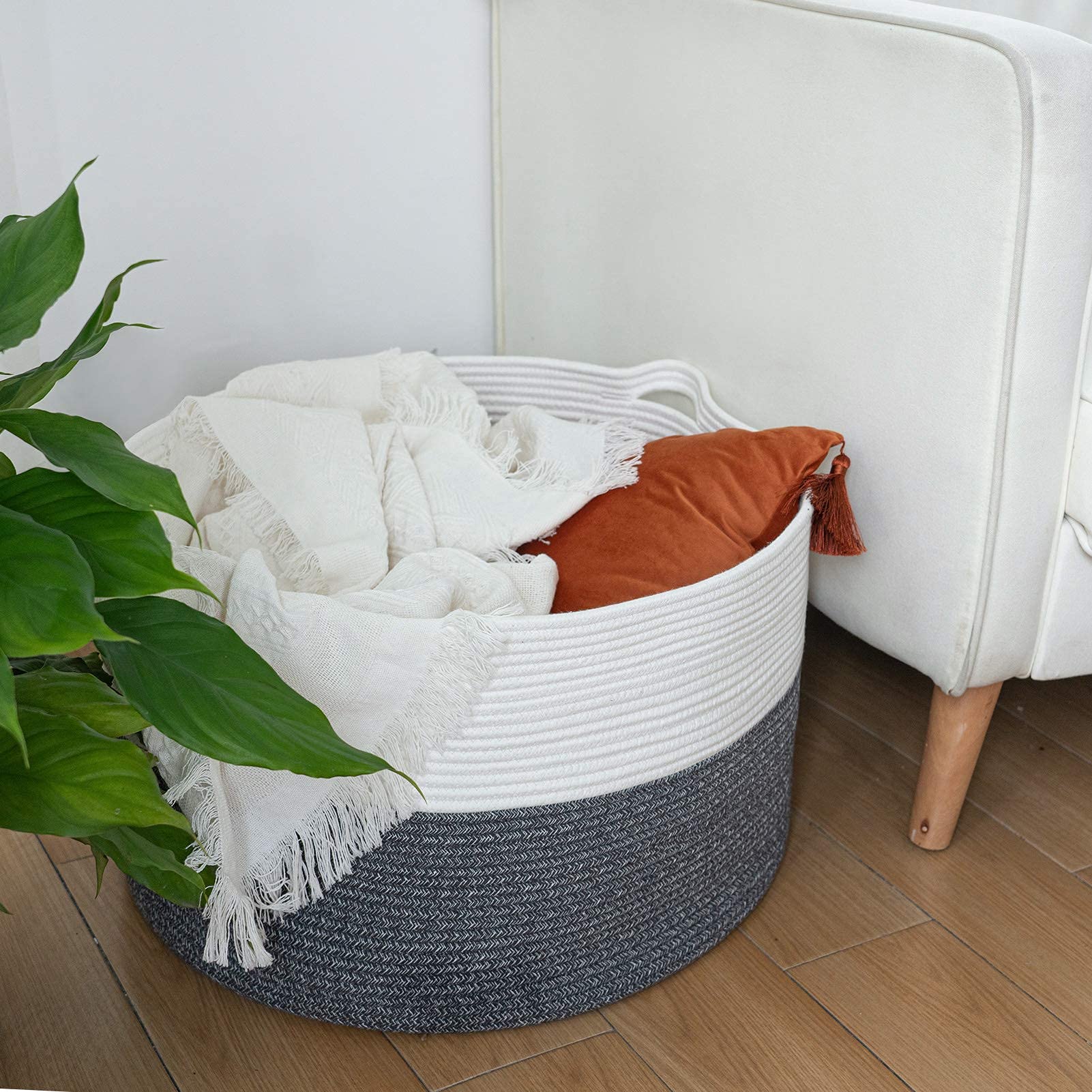 INDRESSME XXXL Large Cotton Rope Woven Basket Laundry Storage Bin with Handles (Set of 2)
