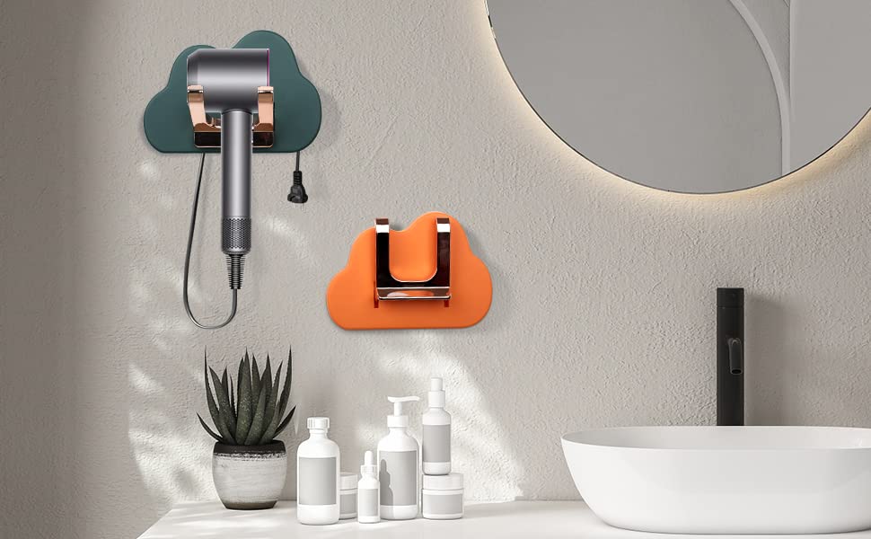 2 Pack Universal Hair Dryer Holder Wall Mounted, Blow Dryer Hanger Wall Mount for Hair Dryer Hook with Plug&Cord Organizer Self Adhesive for Cabinet Bathroom(Orange and Green)
