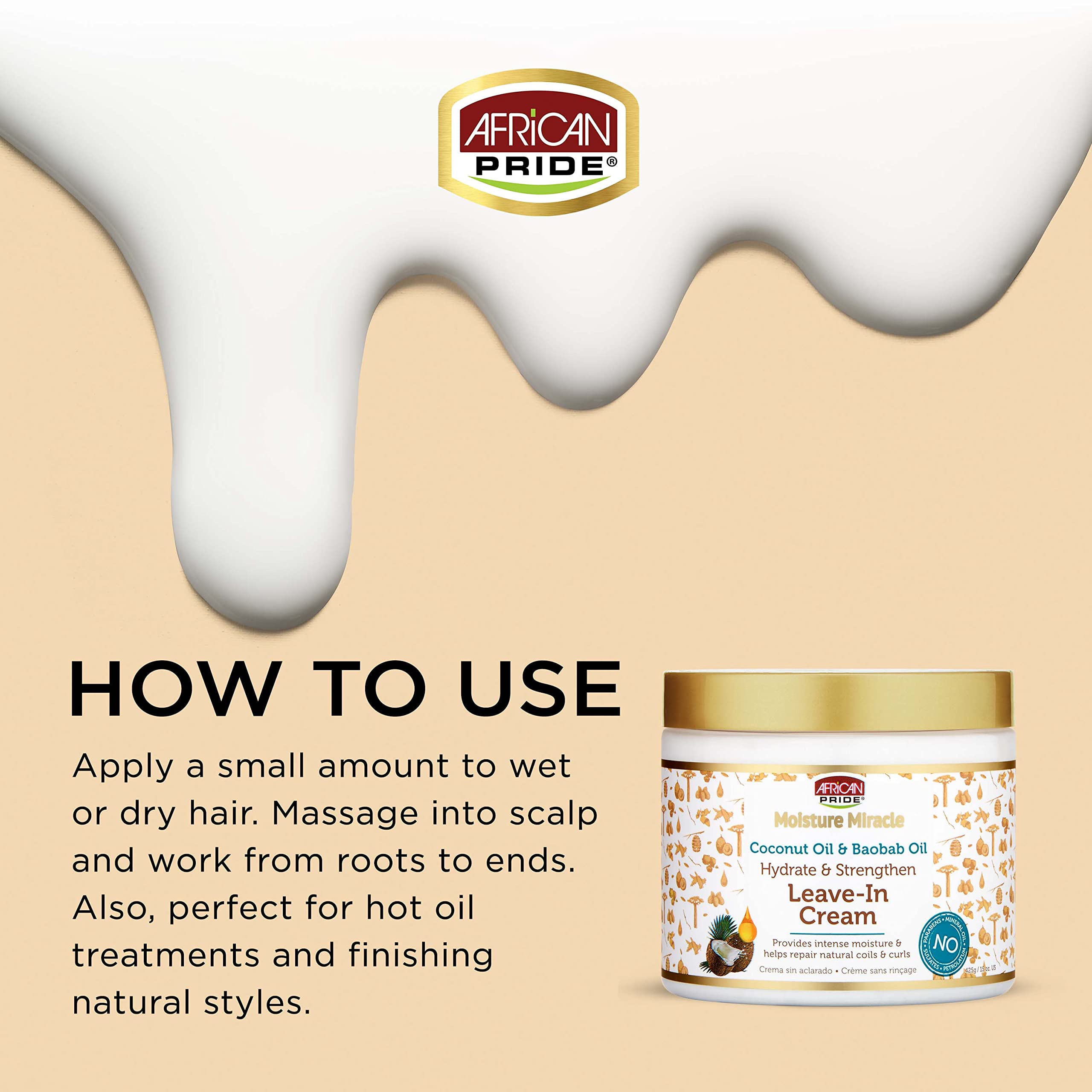 African Pride Moisture Miracle Coconut Oil & Baobab Oil Leave-In Cream - Provides Intense Moisture & Helps Repair Natural Coils & Curls, Hydrates & Strengthens, 15 oz (3 Pack)