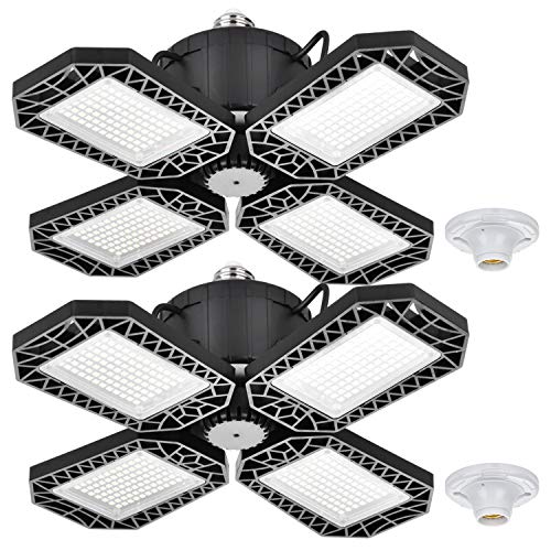 2 Pack LED Garage Lights, 120W Deformable LED Garage Ceiling Lights with 4 Adjustable Panels, 12000LM E26 LED Shop Lights for Garage, Basement, Barn, High Bay Light (120W)