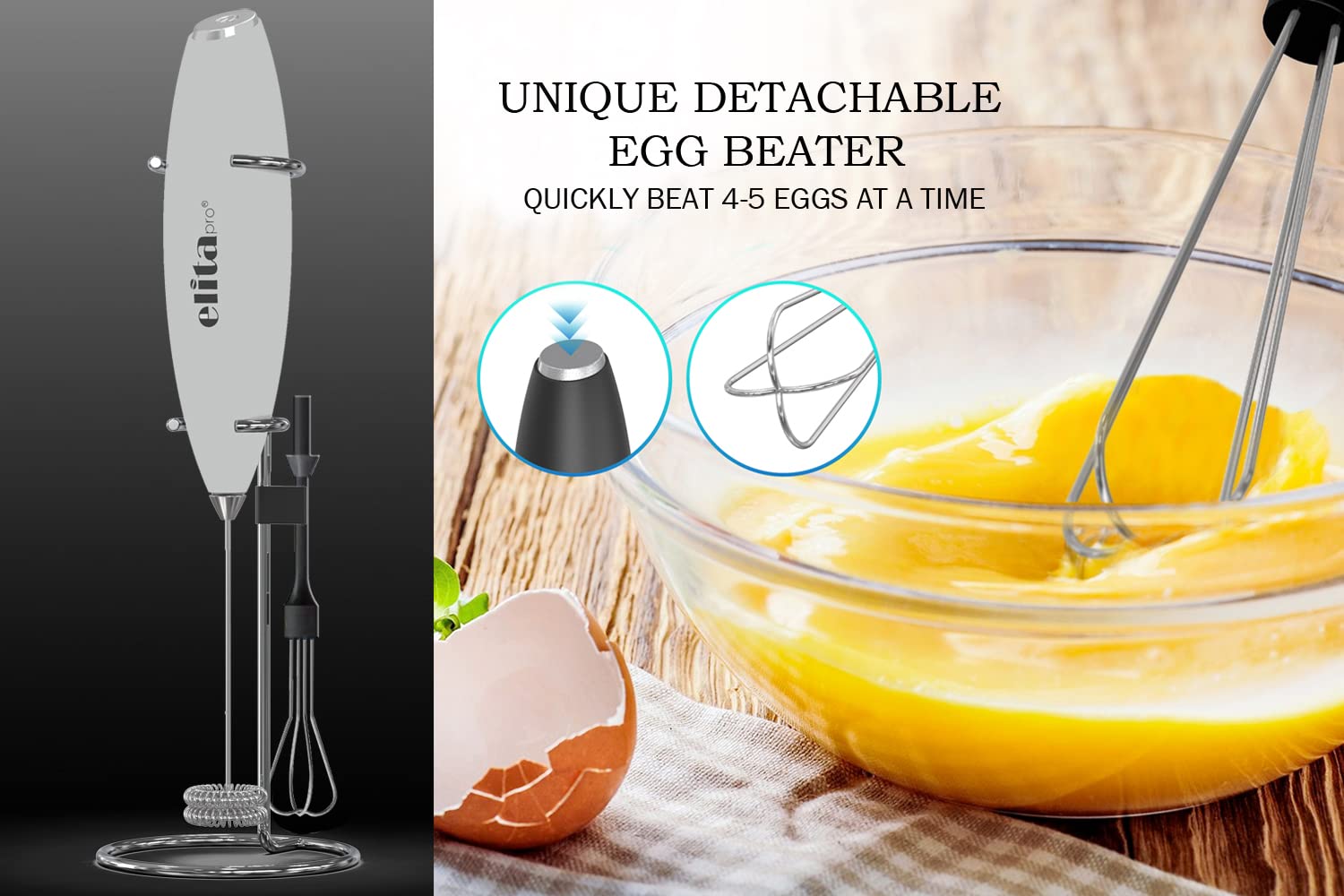 ELITAPRO ULTRA-HIGH SPEED Milk Frother - Double Whisk Handheld Foam Maker - 2-in-1 Drink Mixer - Detachable Egg Beater - Frother Wand for Matcha, Coffee, Latte, Cappuccino, Hot Chocolate (Gray)