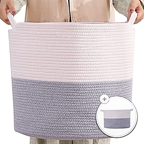 MRECHIR 2pc Large Woven Cotton Rope Basket with Handles 18" x 15" Laundry Hamper - Blanket Basket Living Room - Basket for Toys-Decorative Baskets for Storage - Pillow Basket - White&Grey