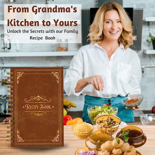 A5 (5.5β x 8.5β) Recipe Book to Write in Your Own Recipes, Durable Gloss Laminated Cover, Gold Spiral Binder, Gold Leaf Vintage Leather Look, 100 Pages Paper, Family Heirloom Keepsake