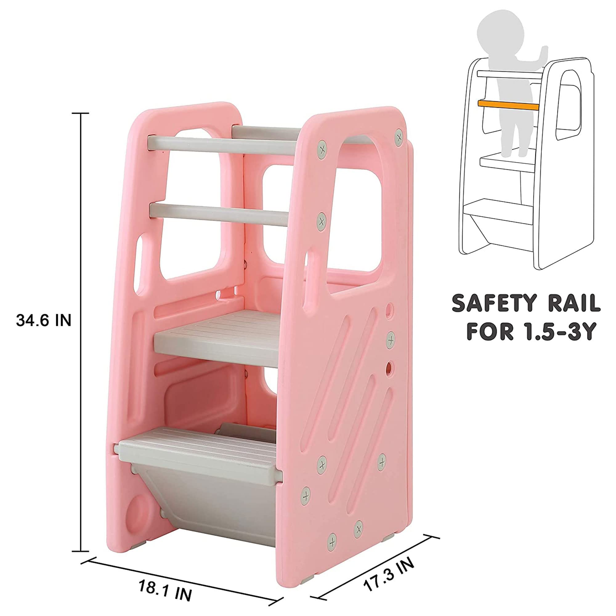 SDADI PLT01PK Children's Plastic Learning Step Stool with 3 Adjustable Heights, 150 Pound Capacity, Built-in Storage, and Non-Skid Rubber Feet, Pink
