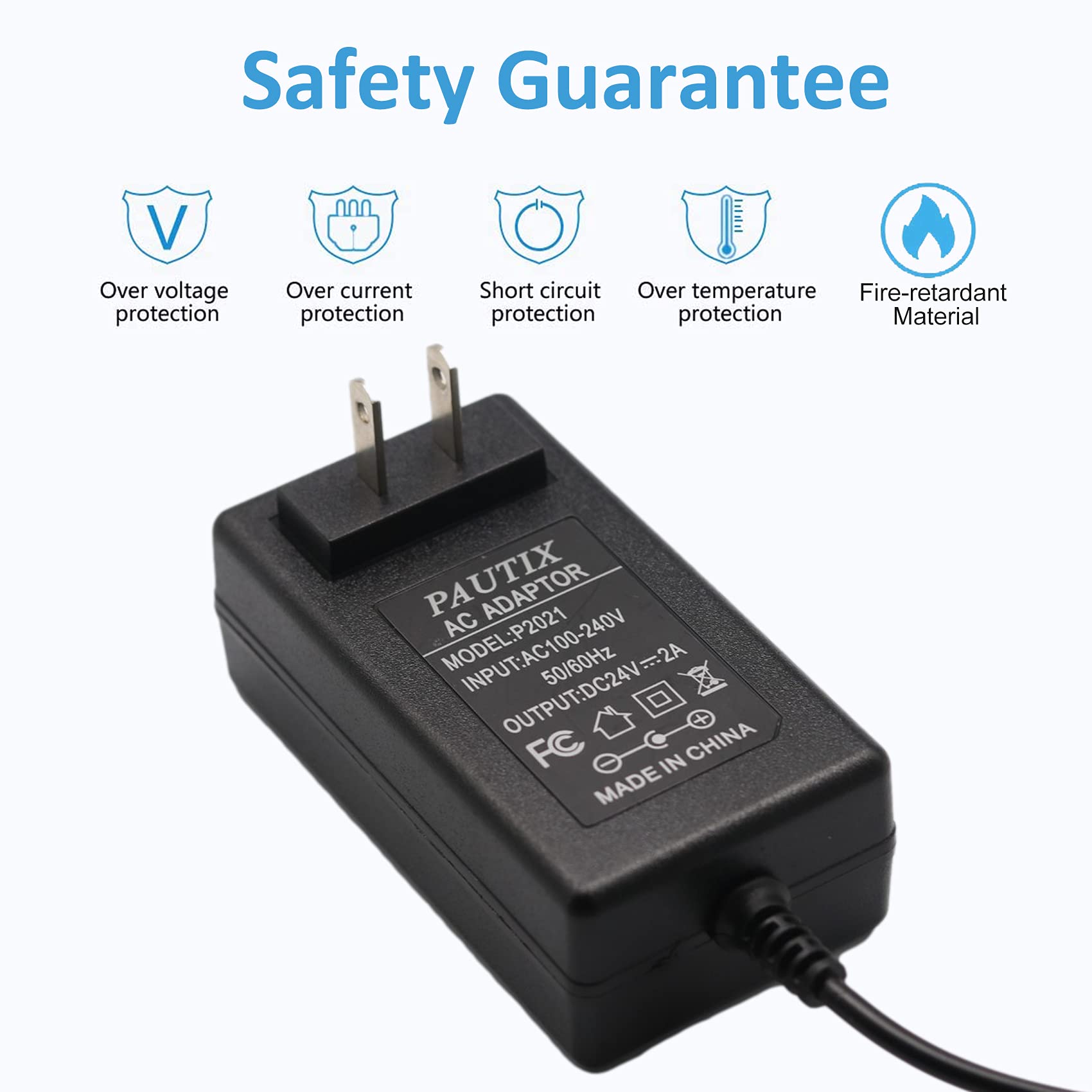PAUTIX 24V DC Power Supply Adapter 24Volt 2A 48W AC to DC Converter Transformer 100-240V AC Input with 5.5 x 2.1mm US Plug for LED Strip, CCTV Camera