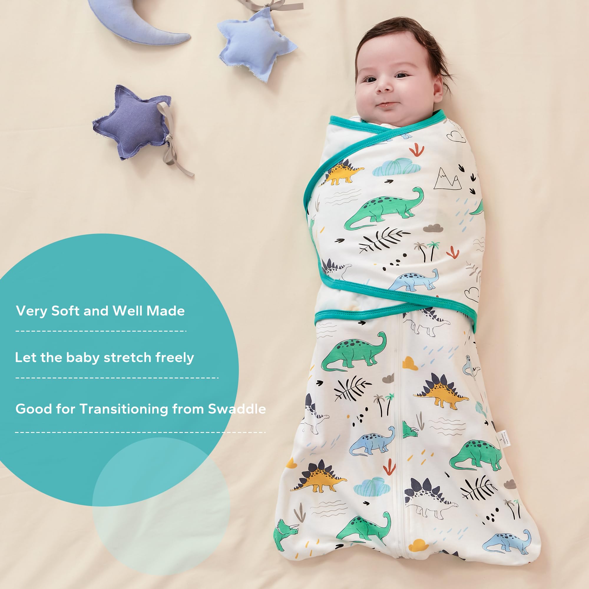ZIGJOY Baby Swaddle Wearable Blanket 3-Way Adjustable 0.5 TOG Transtion Sleep Sack 100% Cotton for Newborn Infant Boy Girl 0-6 Months Jurassic