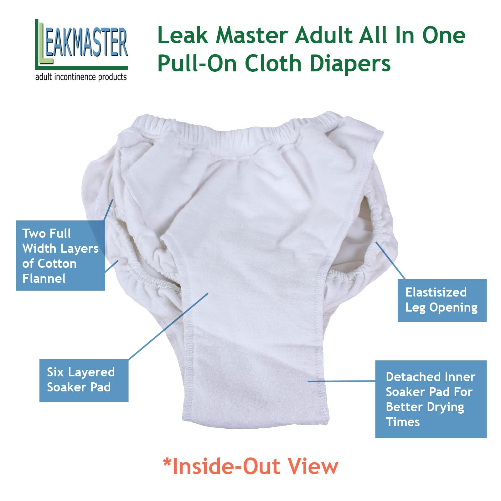 Adult All in One Pull-On Cloth Diaper by LeakMaster - Sewn-On Waterproof Outer Layer. 8 Total Interior Layers of Absorbency. Secure Incontinence Protection. (2X-Large 44-52-Inch Waist)