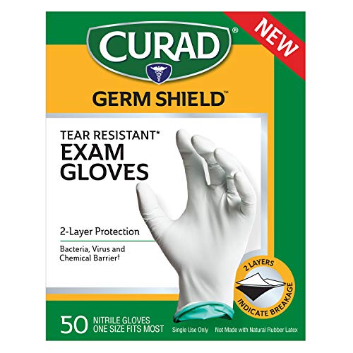 CURAD Shield Nitrile Exam Gloves, Disposable Gloves are Tear Resistant, One Size Fits Most (50 Count), Can be used as medical gloves, cleaning gloves, or for home improvement tasks
