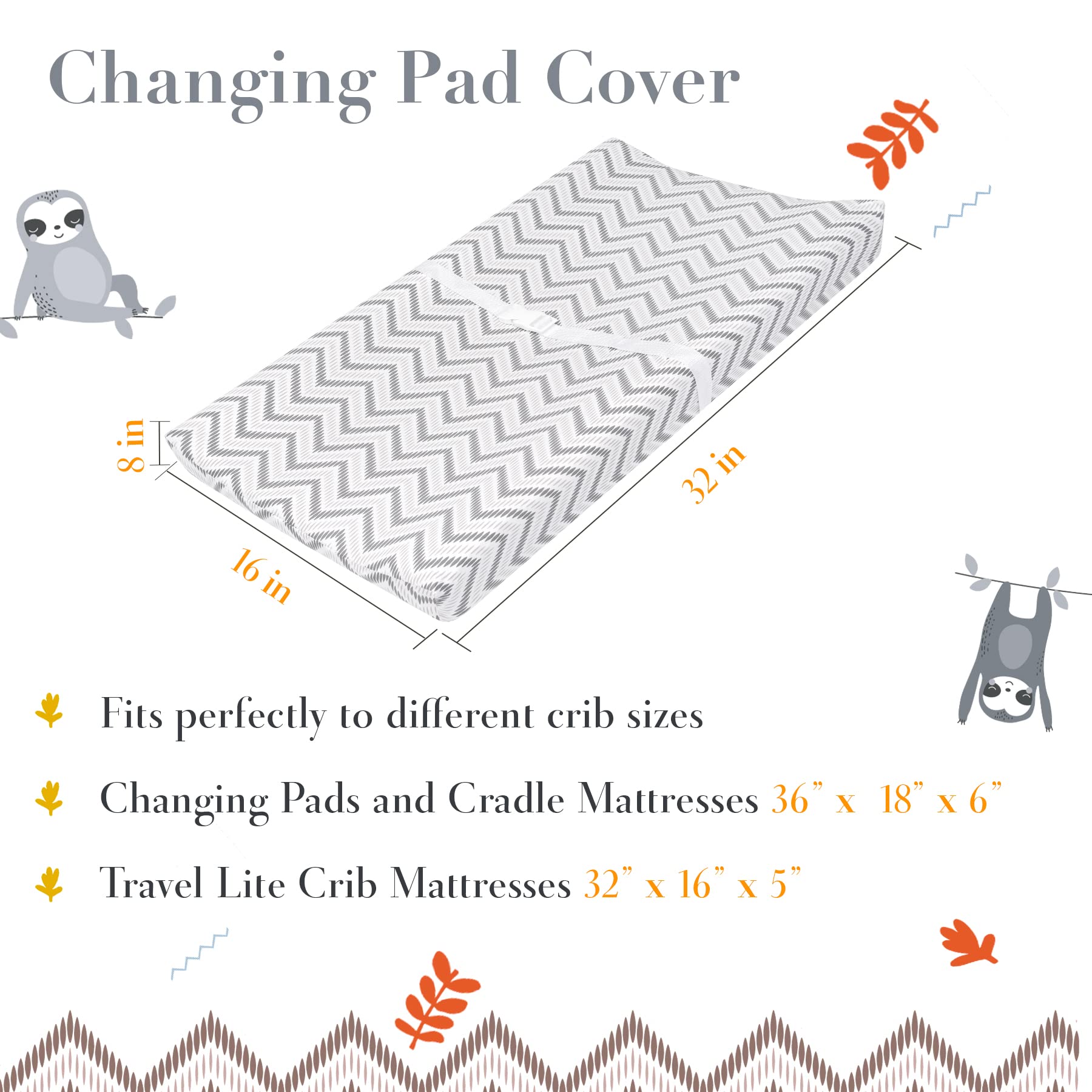 My Little Zone 100% Cotton Changing Pad Cover for Baby Boys and Girls, Chevron - Breathable Bassinet, Mini Crib Mattress Fitted Sheets - Little Sloth, 32"x16" with 8" Deep Pocket, White-Grey, 2 Pack