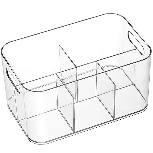 5-Compartment Clear Plastic Bin - Divided Cosmetic Makeup Caddy Organizer - Multiuse Storage Container for Vanity, Bathroom, Kitchen, Pantry, Office, Craft, Utensil, Shower, Cleaning Items, (1 Pack)