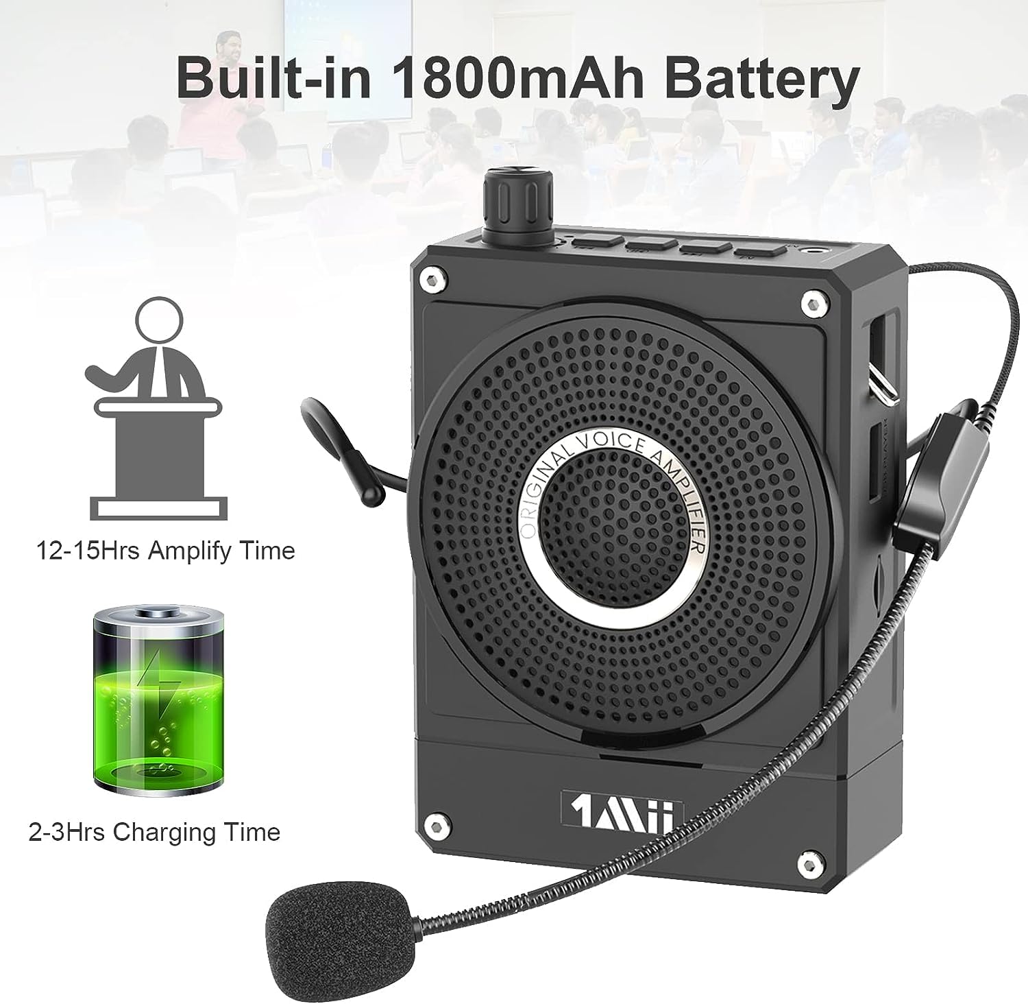 1Mii Voice Amplifier with Portable UHF Wireless Microphone Headset, 10W 1800mAh Large Capacity Rechargeable PA System for Multiple Locations Such as Yoga, Meetings, Tour Guides MK04