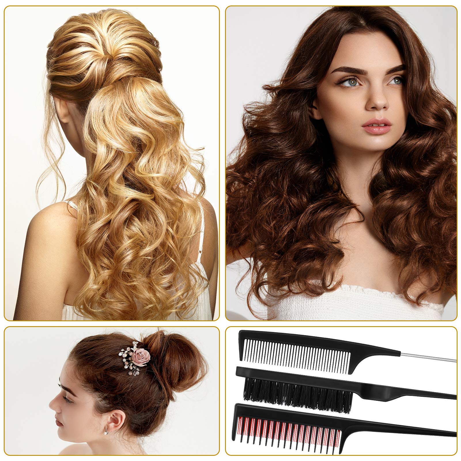 Patelai 3 Pieces Hair Styling Set - Fluffy Brush, Rat Tail Comb, and Triple Teasing Comb for Back Combing (Black)