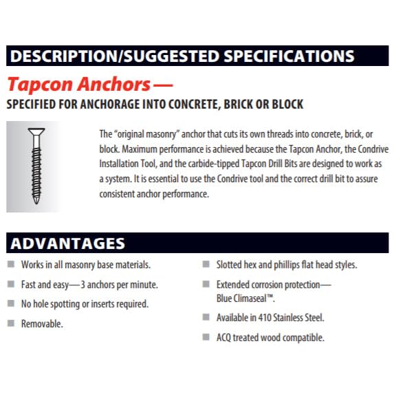 Tapcon 1/4" x 2-1/4" Star Torx Head Concrete Anchor Screws 3187407V2 | 100 Pack | Drill Bit Included
