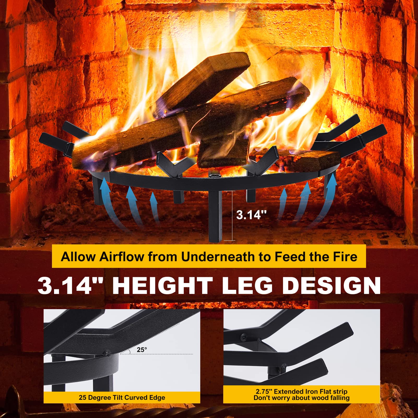 1MORE Fire Pit Grate Log Grate, Fireplace Grate 24 inch Heavy Duty, Round Fireplace Grates, Wood Stove Burning Rack Holder, Firewood Grate for Fire Pit & Backyard Patio, Outdoor Camping Hearth.