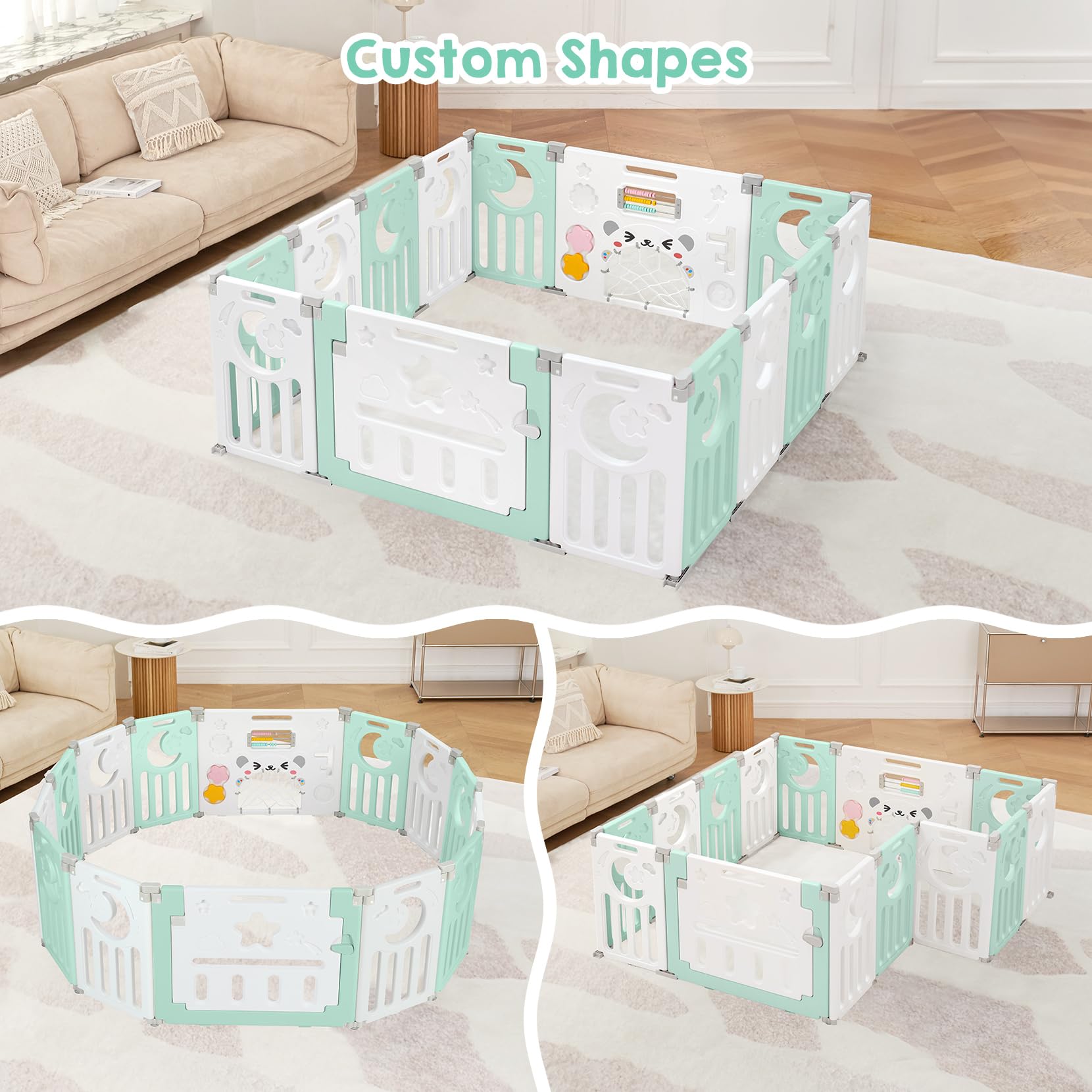 Baby Playpen, Dripex Foldable Playpen for Babies and Toddlers, Custom Shape Baby Fence, Safety Play Yard with Gate, Portable Play Area for Indoor or Outdoor, Light Green White, 14 Panel