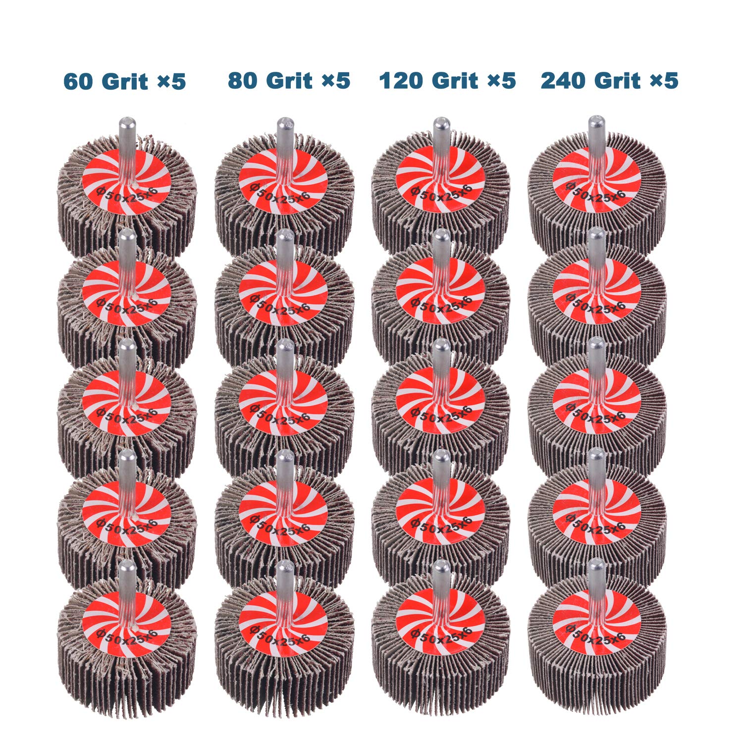 20 Pack Abrasive Flap Wheel Sander Set, Mixflor 2”X 1” X1/4” Shank Flap Wheels–5 Pcs of Each 60 80 120 and 240 Grits Aluminum Oxide Flap Wheel Sander for Drill