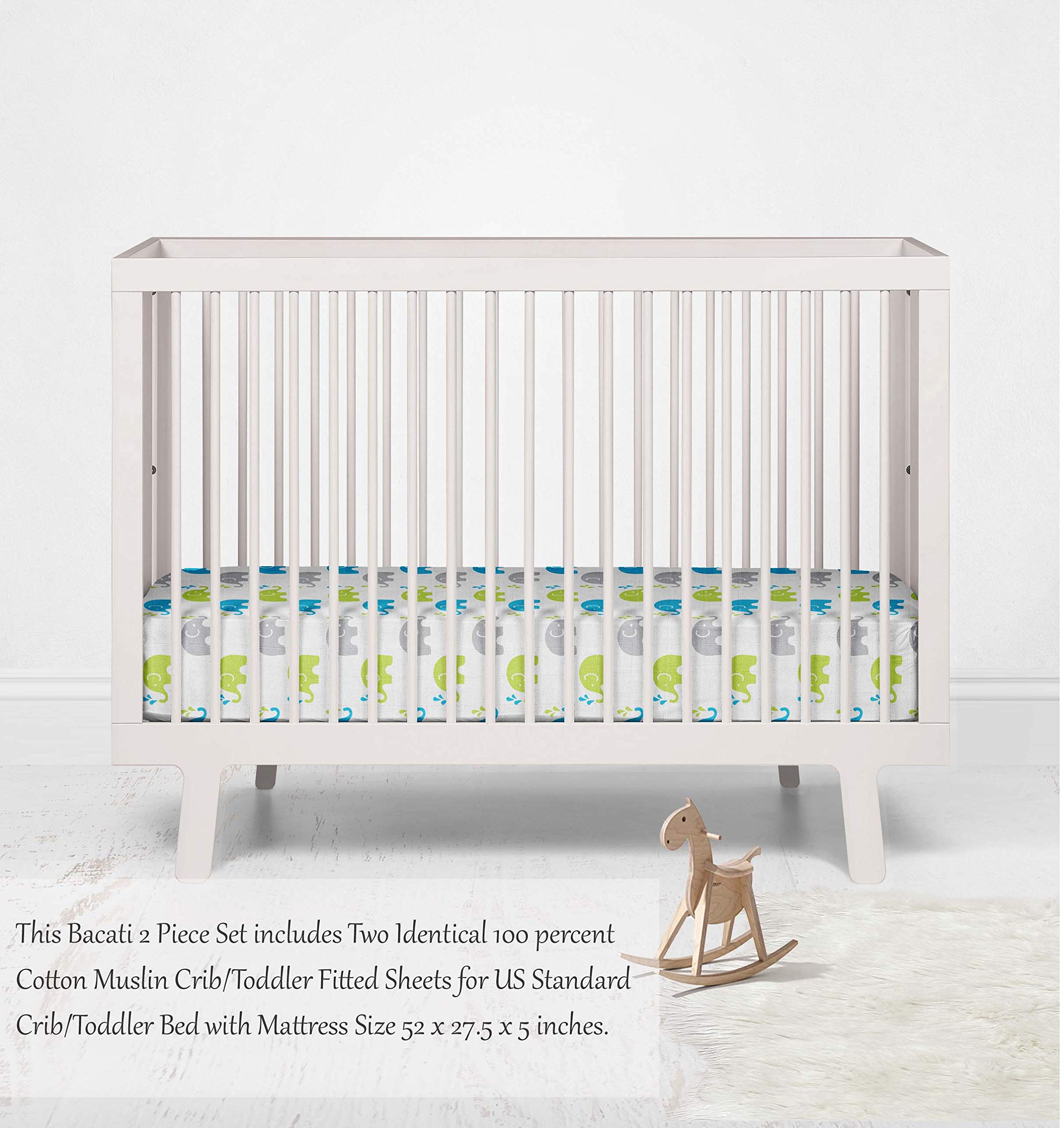 Bacati 2 Piece Elephants Muslin Crib Sheets, Blue/Grey