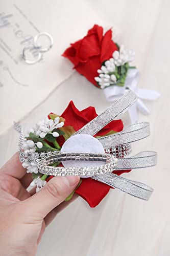 Aivanart Corsage and Boutonniere Set for Weddings,Burgundy Red Artificial Flower Wristlet Boutineers for Bride Shower Prom Formal Dinner Party Anniversary