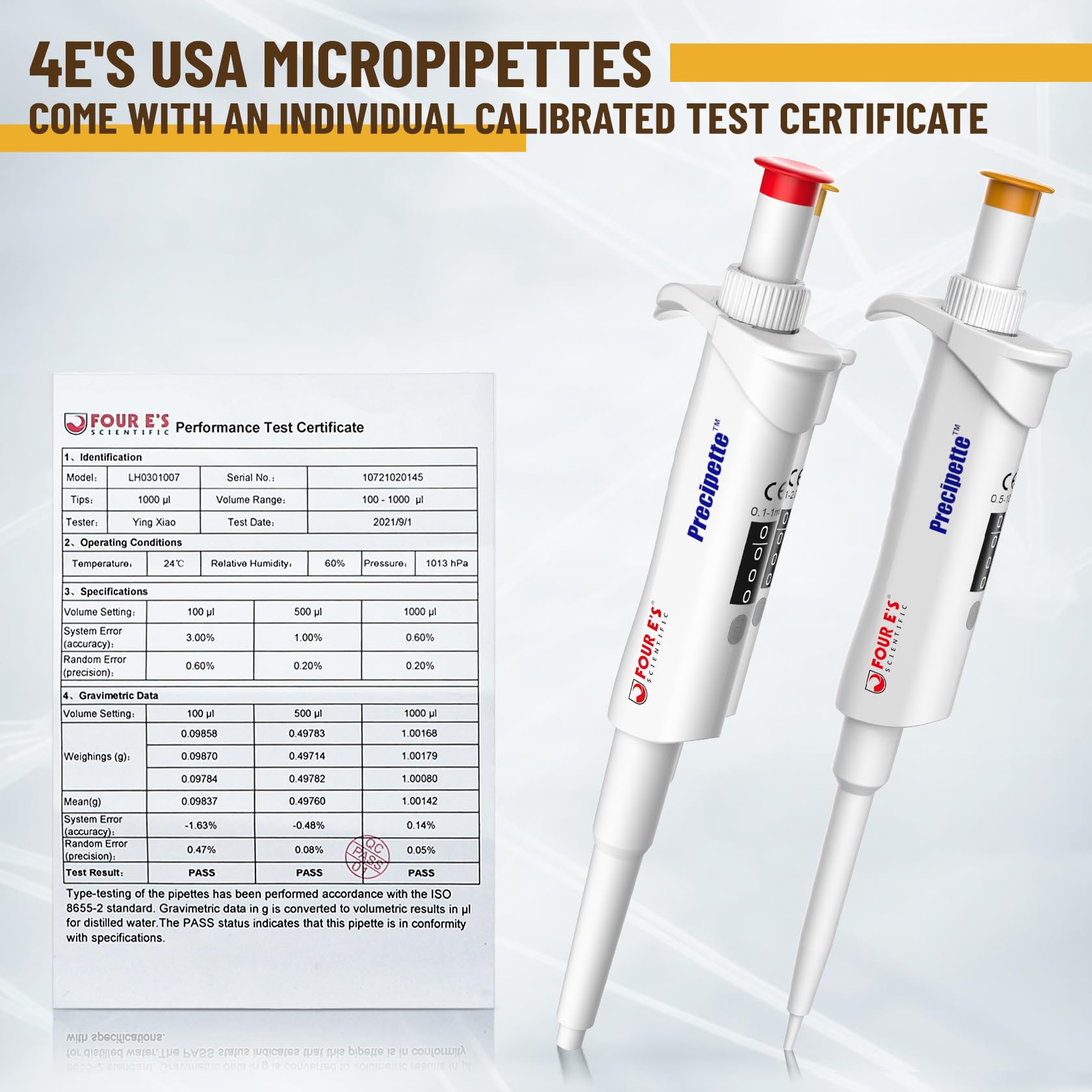 4E's USA Pipette - 100-1000μl Micropipette, Adjustable Volume Pipette with Autoclavable Lower Portion, Universal Tip Cone Single Channel Pipettes, Laboratory ISO 8655 Calibrated Pipettor