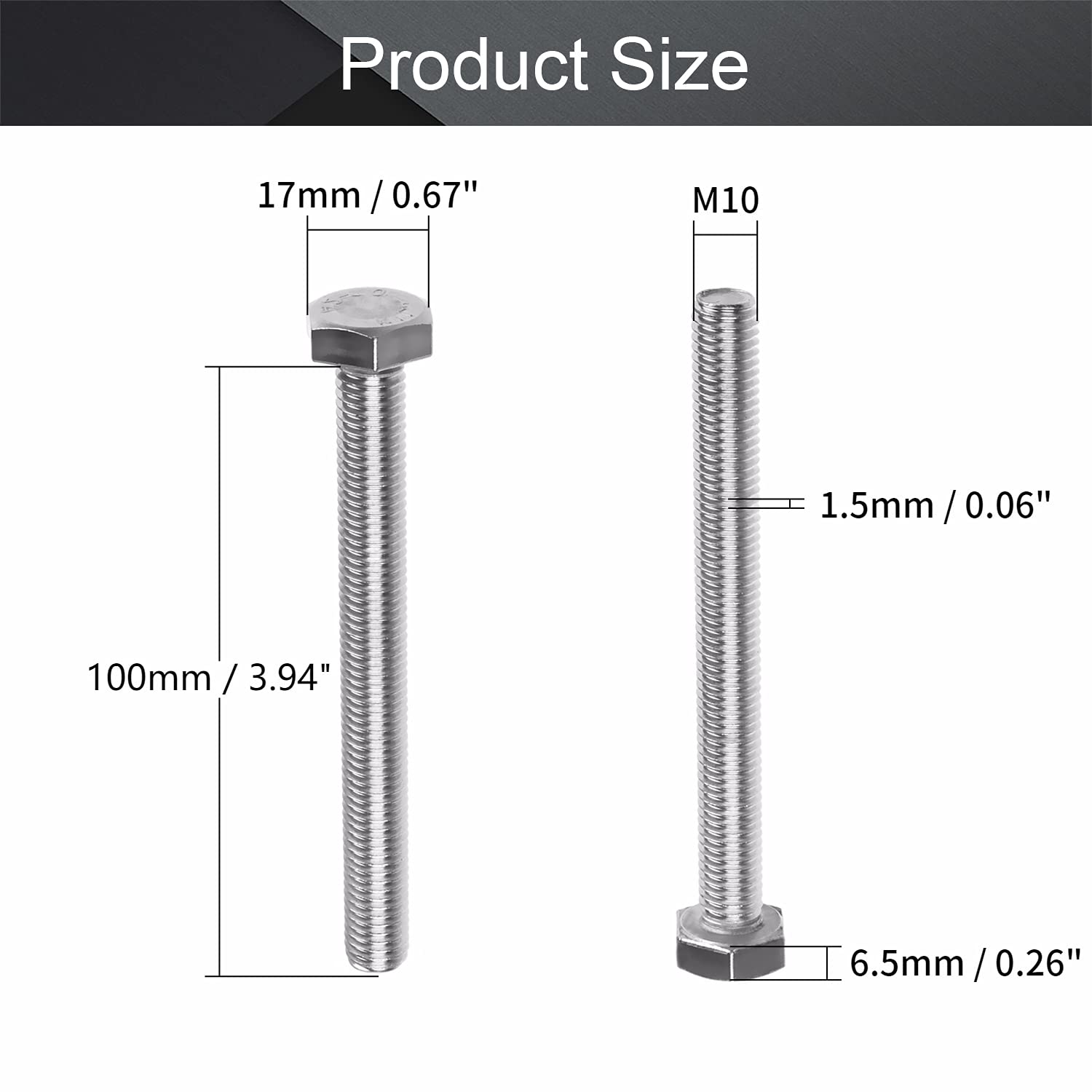 MroMax 2Pcs M10 x 100mm Hex Head Screws Bolts, 304 Stainless Steel 18-8, Fully Threaded, External Hex Drive, for Mounting Chair, Handles, Rail, Pump, Wheels, Antenna Parts, Boat and Plastic Bumpers