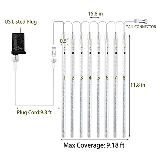 Meteor Shower Rain Light, 8 Tubes 192 Led 30cm Waterfall Raindrop Icicle Christmas Light Outdoor, Waterproof Plug in String Light for Xmas Holiday Party Wedding Valentine Day - Multicolor