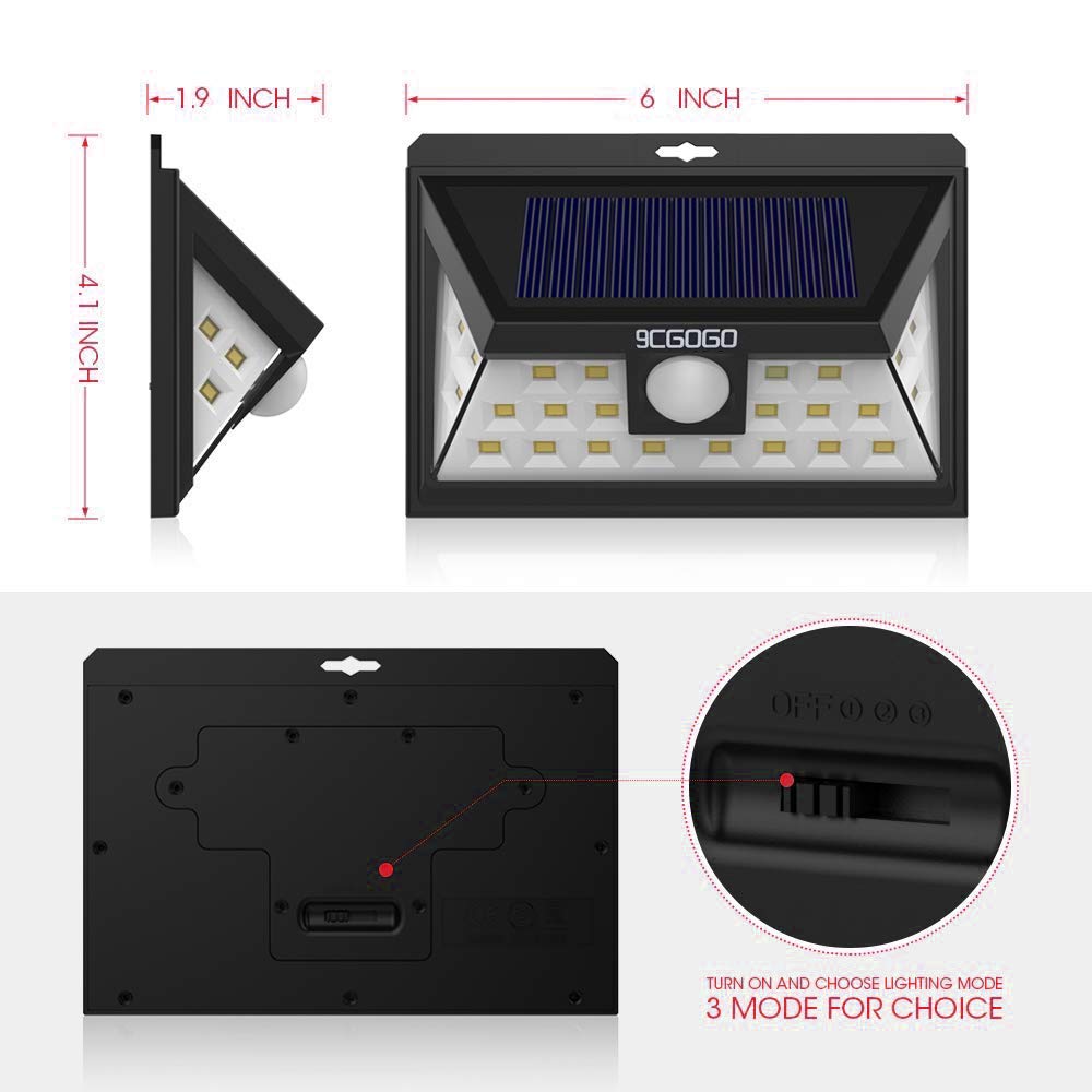 9CGOGO Solar Lights Outdoor,Motion Sensor Solar Lights with Wide Lighting Area,24 LEDs Waterproof Security Lights for Back Yard,Driveway,Garage,Front Door,Garden and More