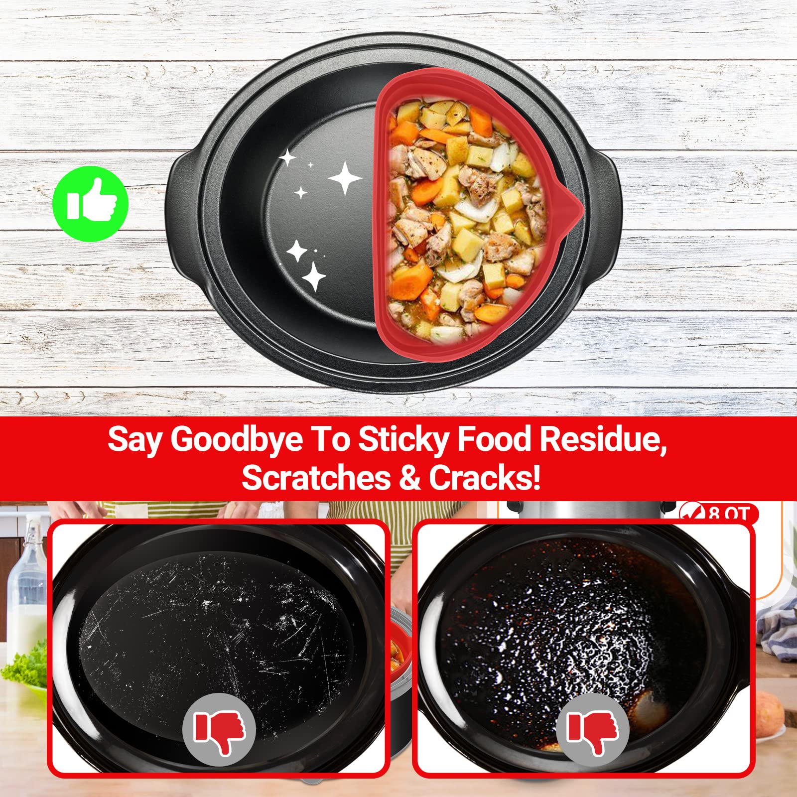 2 Set Silicone Slow Cooker Liners,SelfTek Reusable Liner Fits Crock-Pot &Hamilton Beach 7-8 Qt Oval,Foldable,Leakproof Dishwasher Safe Cooking Insert Includes Spoons - Red & Black