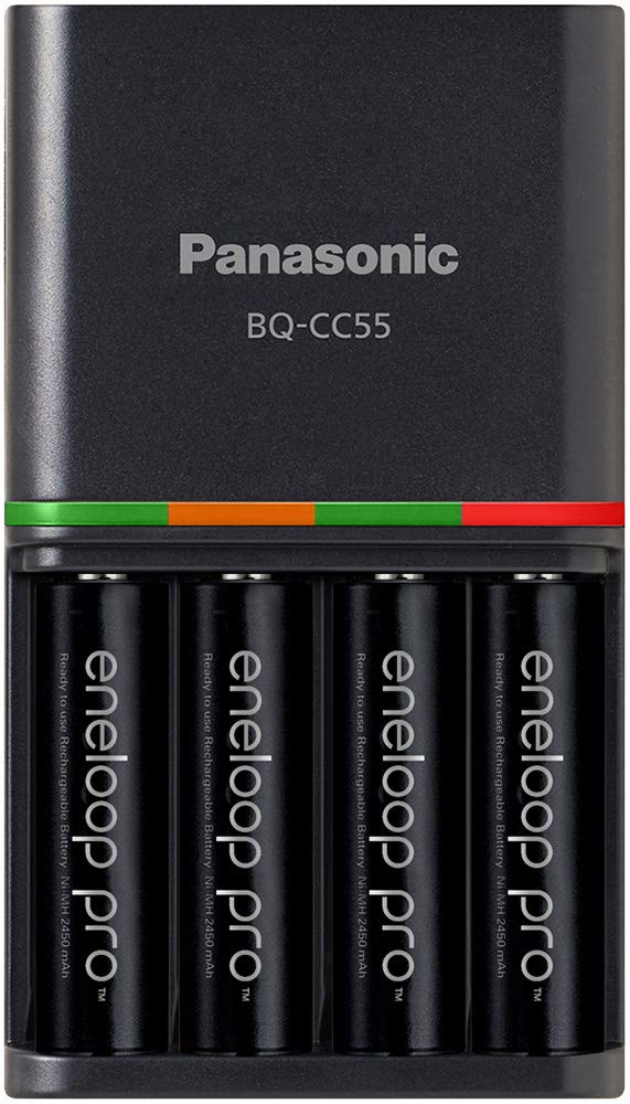 Eneloop Panasonic K-KJ55KHC4BA Advanced 4 Hour Quick Battery Charger with 4AA pro Rechargeable Batteries & Panasonic BK-3HCCA4BA pro AA High Capacity Ni-MH Pre-Charged Batteries, 4 Pack