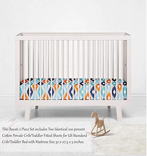 Bacati Liam Aztec Kilim Cotton Percale Crib/Toddler Bed Fitted Sheets 2 Piece, Aqua/Orange/Navy