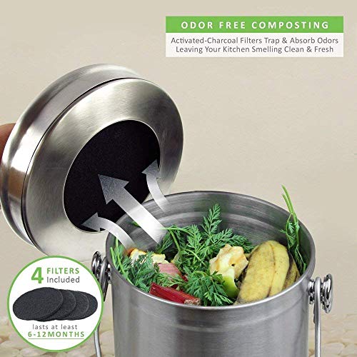 Abakoo 1.6 Gallon Compost Bin Indoor Countertop Kitchen Composter Bin 304 Stainless Steel Waste Pail Kitchen Bin Pail - Includes 4 Filters