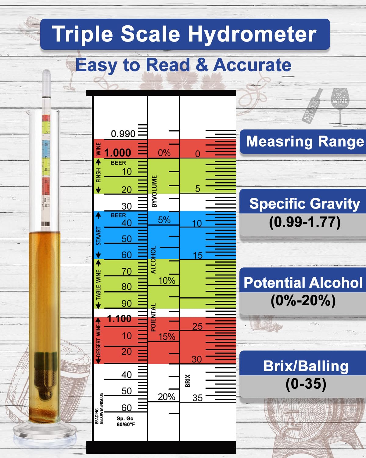 Cimalab Triple Scale Hydrometer, Specific Gravity Hydrometer for Wine, Mead, Kombucha & Beer, Mead Making Kit, ABV Hydrometer Tester, Brix Test, Hydrometer Alcohol Tester for Home Brewing Supplies