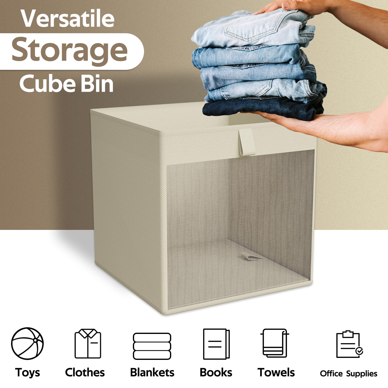 4 Pack 13x13 Storage Cube, Large Cube Storage Bins with Clear Window, Fabric Cube Storage Bins Collapsible Storage Cube Bins for Organizing, Shelves, Toys, Clothes (Beige)