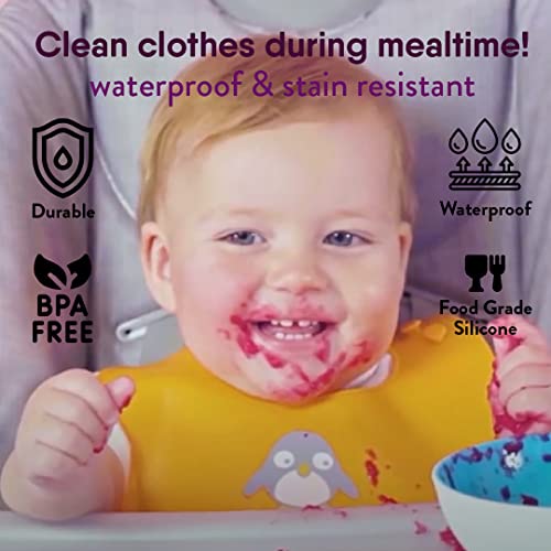 NatureBond Waterproof Baby Bibs, Silicone Weaning Bibs for Babies & Toddlers, Set of 2 w/Carry Pouch | Comfortable Soft 4 buttons Bib