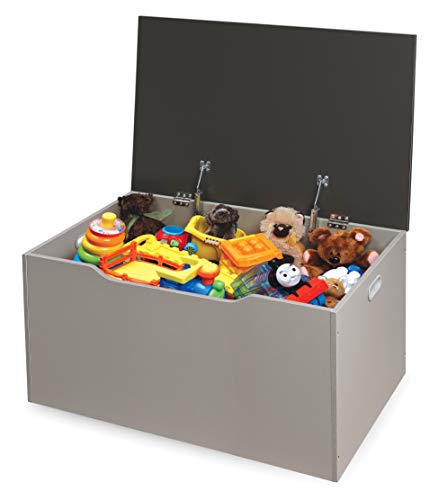 Badger Basket Flat-Top Toy Storage Chest in Grey with Charcoal Lid– Spacious, Safe Toy Box with Dual Safety Hinges and Anti-Pinch Slot