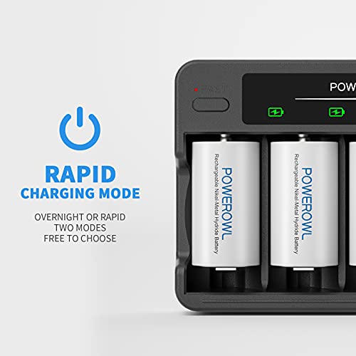 POWEROWL Rechargeable D Batteries with 4 Bay Battery Charger, USB Quick Charging, for AA AAA C D Ni-MH Ni-CD Rechargeable Batteries -4 Count