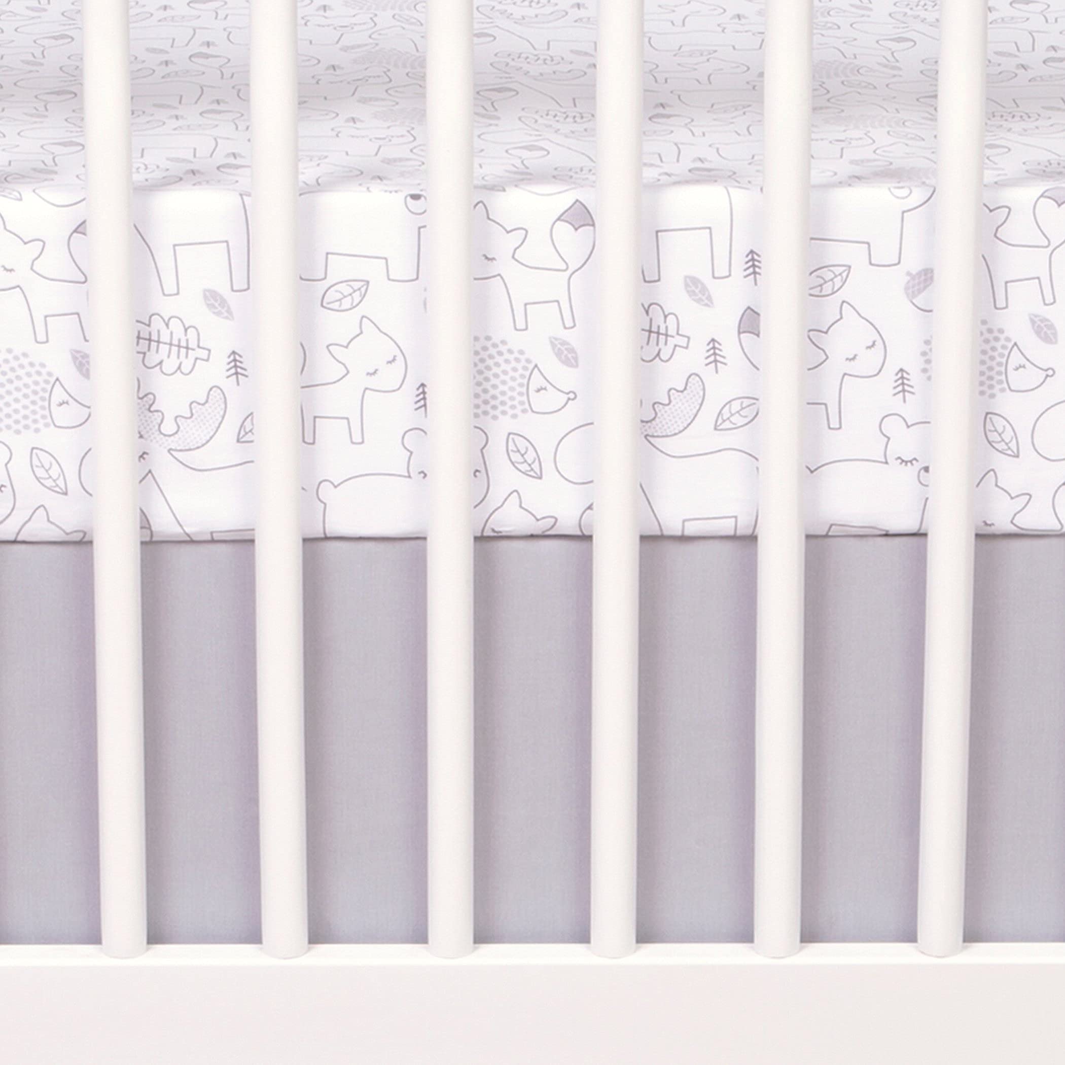 Trend Lab Modern Baby Crib Bedding Set for Boys or Girls | Simple Forest 4 Piece Nursery Décor Quilt, 2 Fitted Crib Sheets, and Dust Ruffle Skirt - Grey, 80025