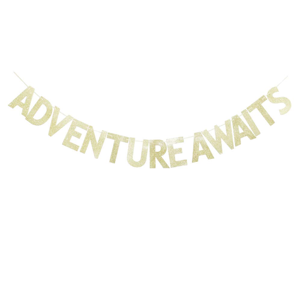 Adventure Awaits Gold Glitter Banner for Travel/Moving Away/Wedding Engagement/Baby Shower/Graduation/Birthday Bridal Shower Party Sign Decors Supplies