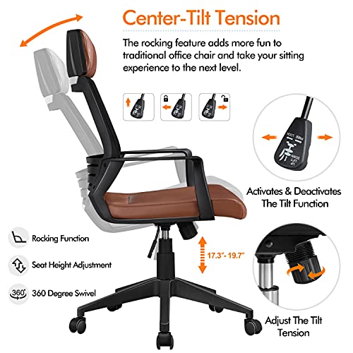 Yaheetech Executive Office Chair, Ergonomic High Back Leather/Mesh Desk Chair with Headrest and Lumbar Support, Swivel Chairs on Wheels/Castors for Home Office, Brown