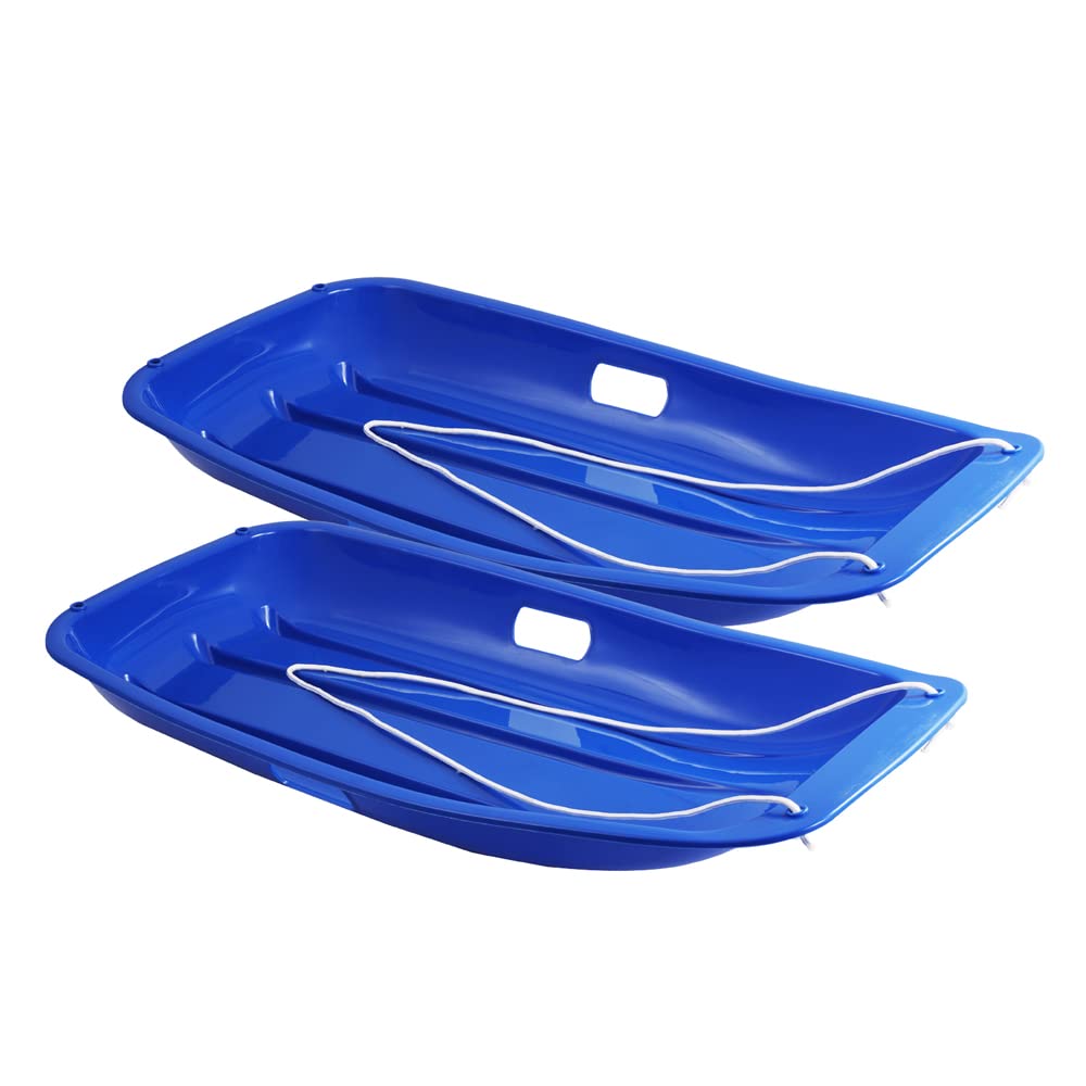2 Pack Plastic Snow Sled for Kids & Adults, Portable Toddler Baby Toboggan Sled with Pull Rope & 2 Handles (Blue)