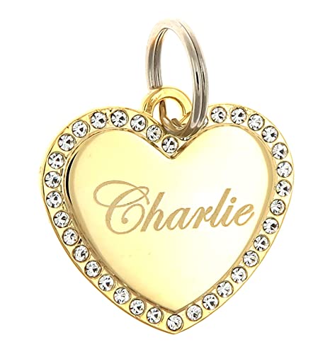 Custom Engraved Personalized Gold-Plated Medium Heart Rhinestones Pet Jewelry Cat Dog ID Tag for Casual Use