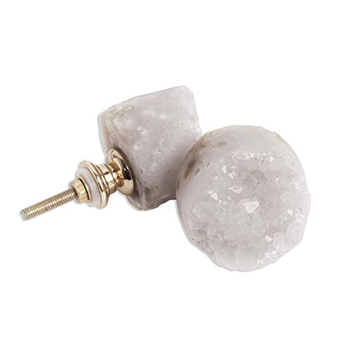 AMOYSTONE 2pcs Natural White Crystal Geode Knobs Unique Stone Handle Pulls Thread Brass Small for Door Drawer, Bedroom Cabinet