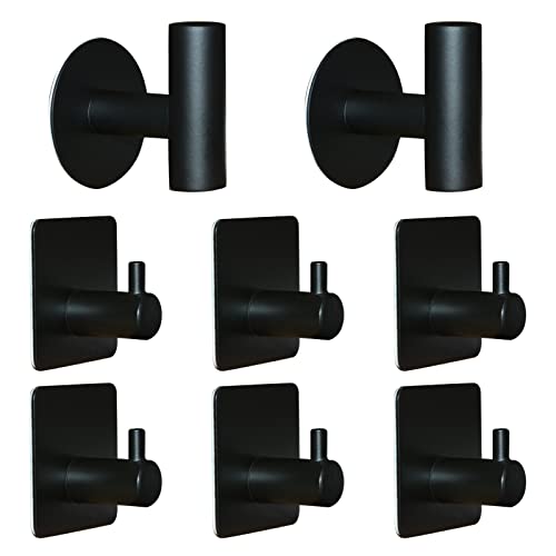 8 Packs Adhesive Towel Hooks - Stainless Steel Bathroom Hook, Wall Towel Hooks Heavy Duty Adhesive Hooks for Bathroom Kitchen Garage Home Hotel Office (Black)