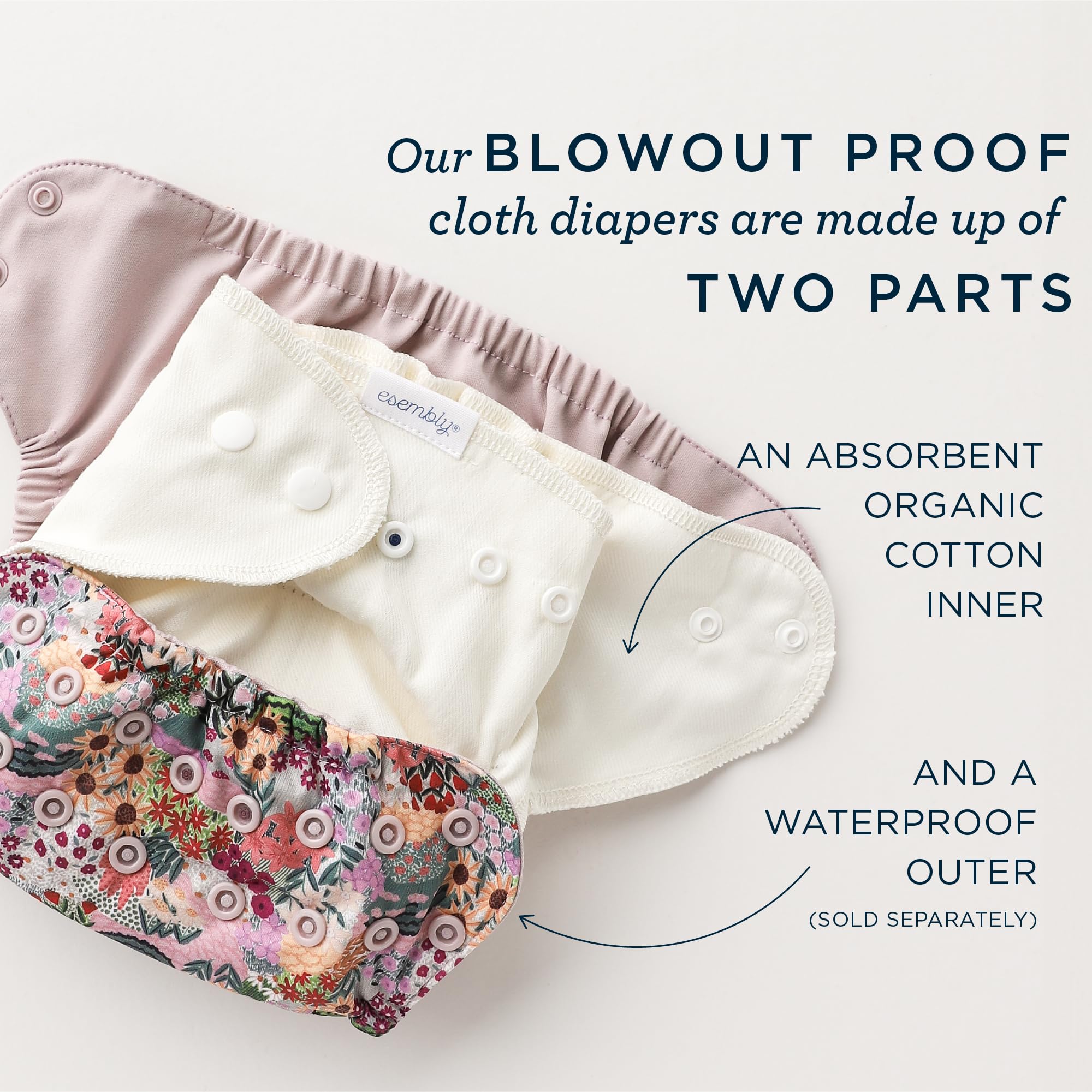 Esembly Cloth Diaper Bundle Set, 3 Organic Absorbent Inners and 1 Waterproof Diaper Cover, Blowout-Proof Reusable Washable Diapers with Snap Closure, Size 1 (7-17lbs), Mist