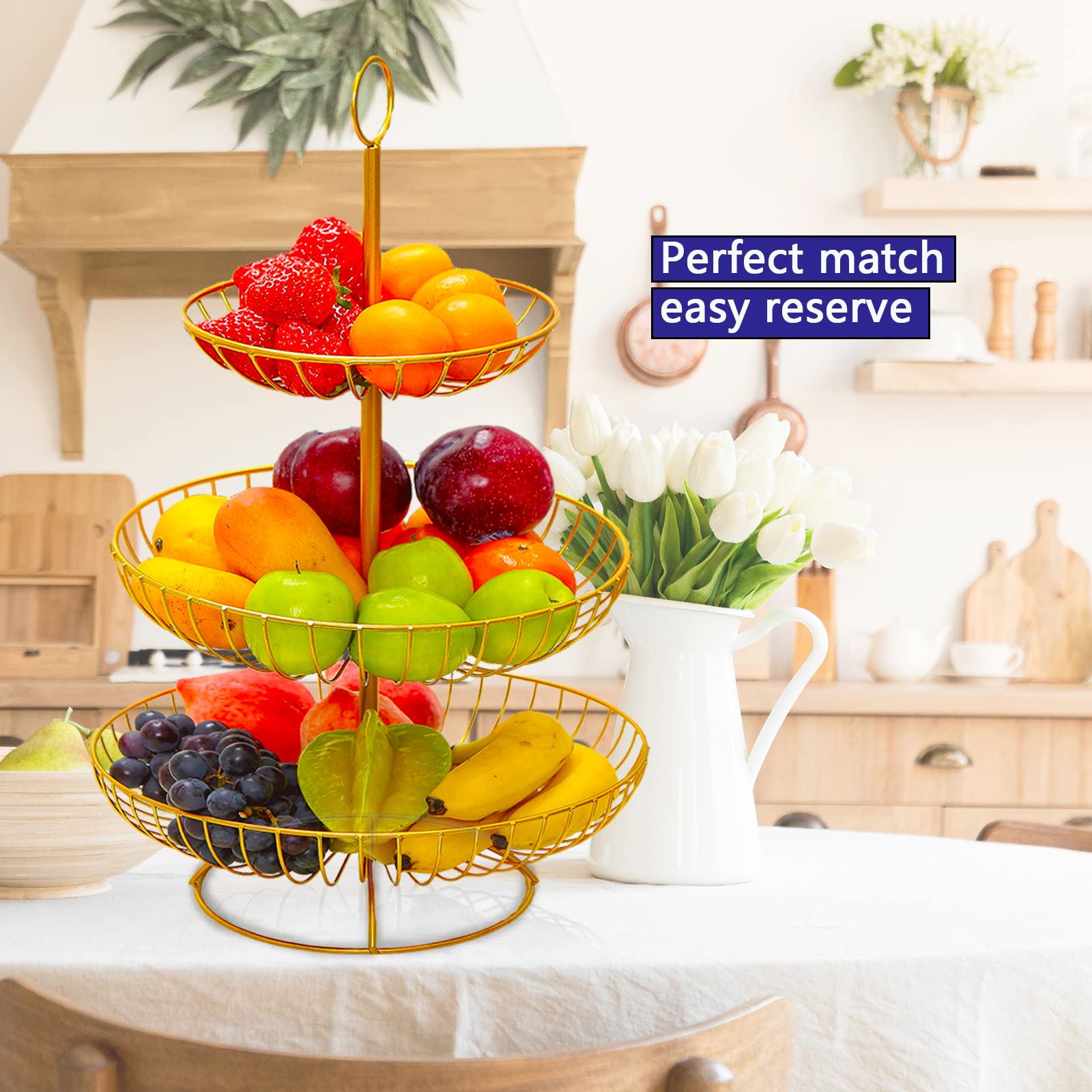 3 Tier Kitchen Countertop Fruit Basket Bowl for Bread Vegetables Snack Storage, Removable Organizer Shelf Storage Rack, Modern Design Tiered Fruit Holder Stand,for Gifts Home Party(round head gold)
