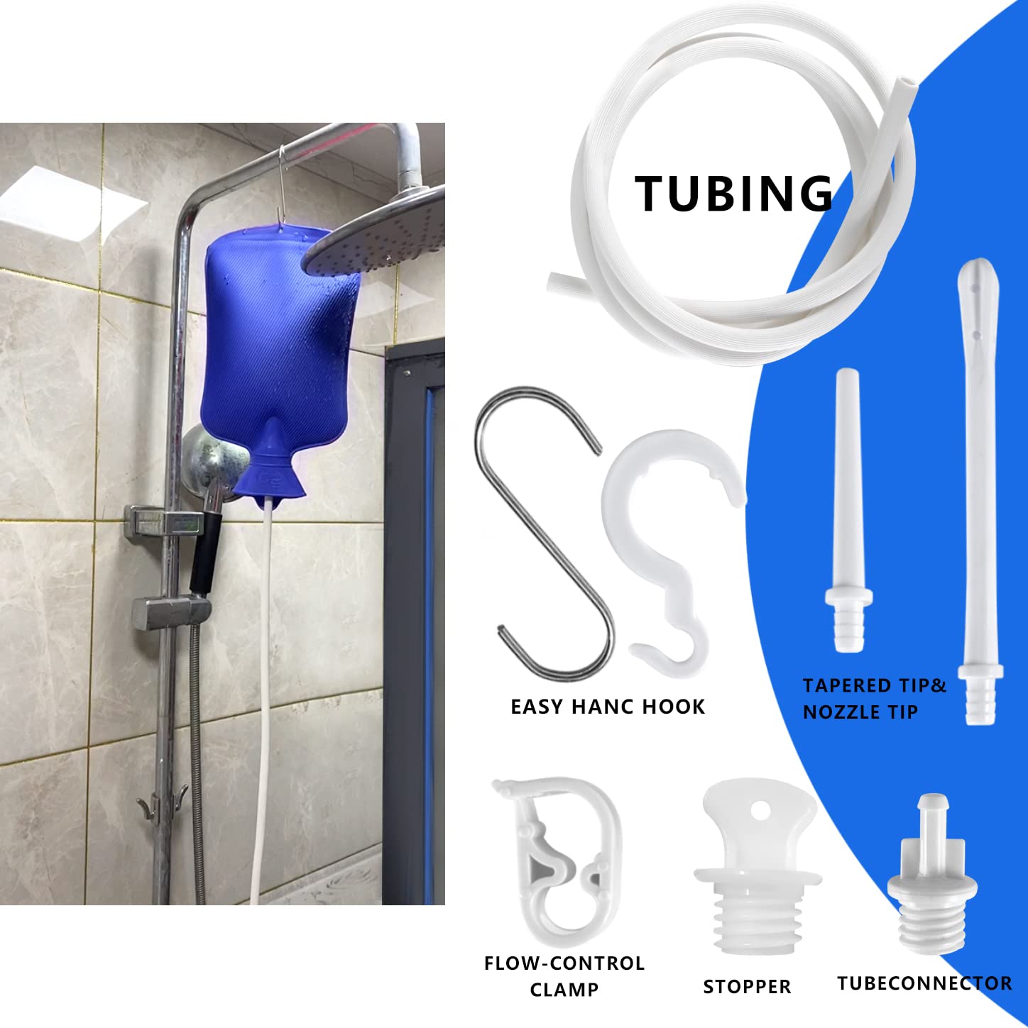 2 L Enema Bag ,Coffee Enema Bag Kit with 5.0 ft. Long Silicone Hose ,2 Multi-Size Reusable Tips, Controlable Water Flow Valve- Coffee, Shower, Douche & Home Adult Enema Kit(Blue)