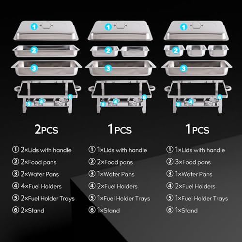 4 Pack 8QT Chafing Dish Buffet Set with 2 Full Size, 2 Half Size, 3 1/3 Size Food Pans, Stainless Steel Buffet Chafers Catering Food Warmers for Party/Buffet/Wedding/Banquet/Catering Events