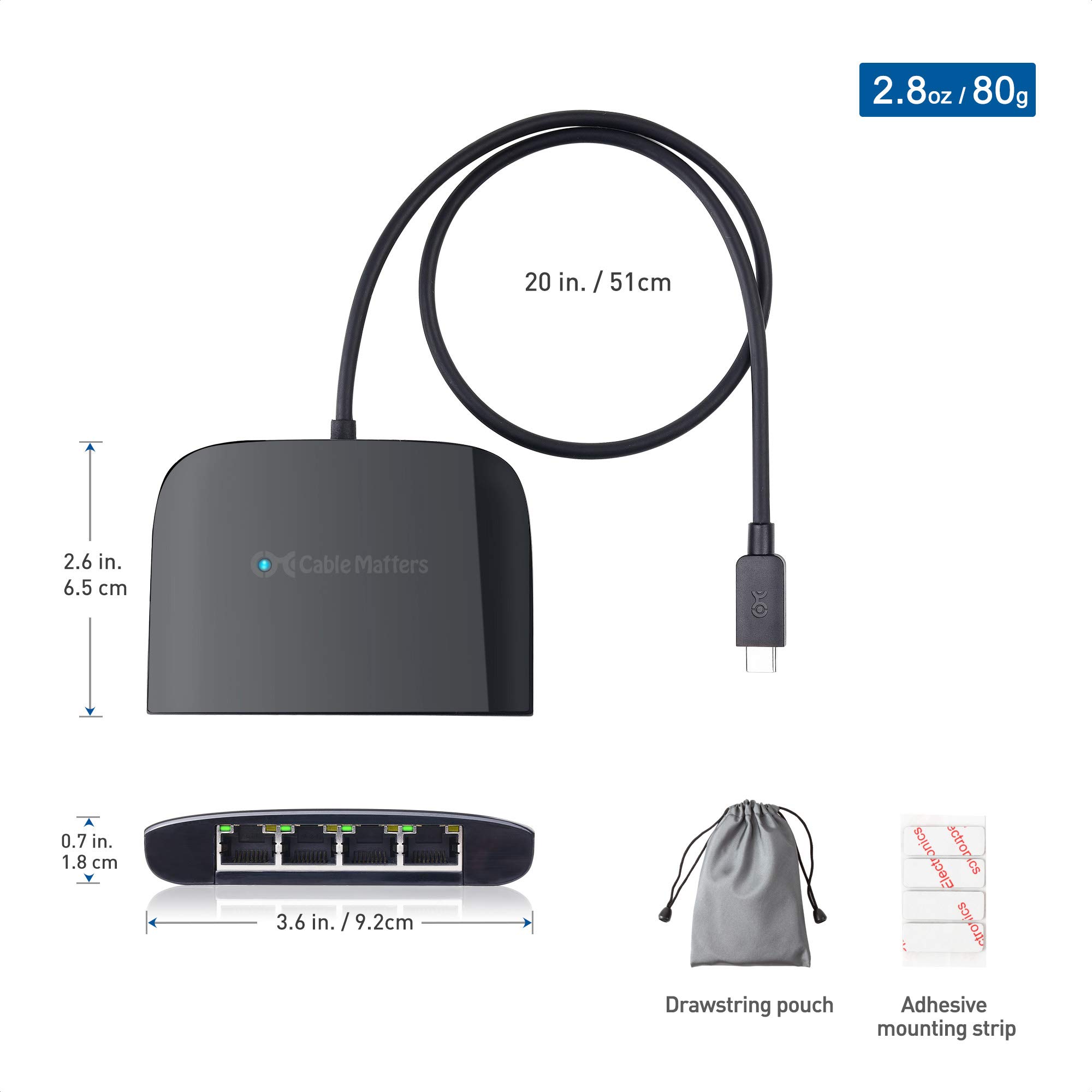 Cable Matters USB C to 4-Port Gigabit Ethernet Switch for Network Sharing on The Move (Thunderbolt Ethernet Splitter, USB C Network Switch, USB C Gigabit Switch) Compatible with Thunderbolt 4 / USB 4