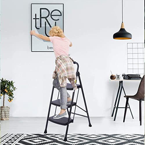 3 Step Ladder, Folding Step Stool with Wide Anti-Slip Pedal, Lightweight 500lbs Step Ladder 3 Step Folding, 3 Step Ladder Folding Step Stool for Adults, Portable Kitchen Step Stool Black