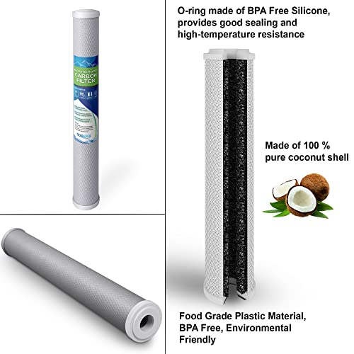 20 x 2.5-Inches Transparent Slim Whole House Water Filter Purifier System with Presser Relief Button, 1β Inlet/Outlet Port & Yearly Supply (3) Coconut Shell Activated Block Carbon Cartridges 5 Micron